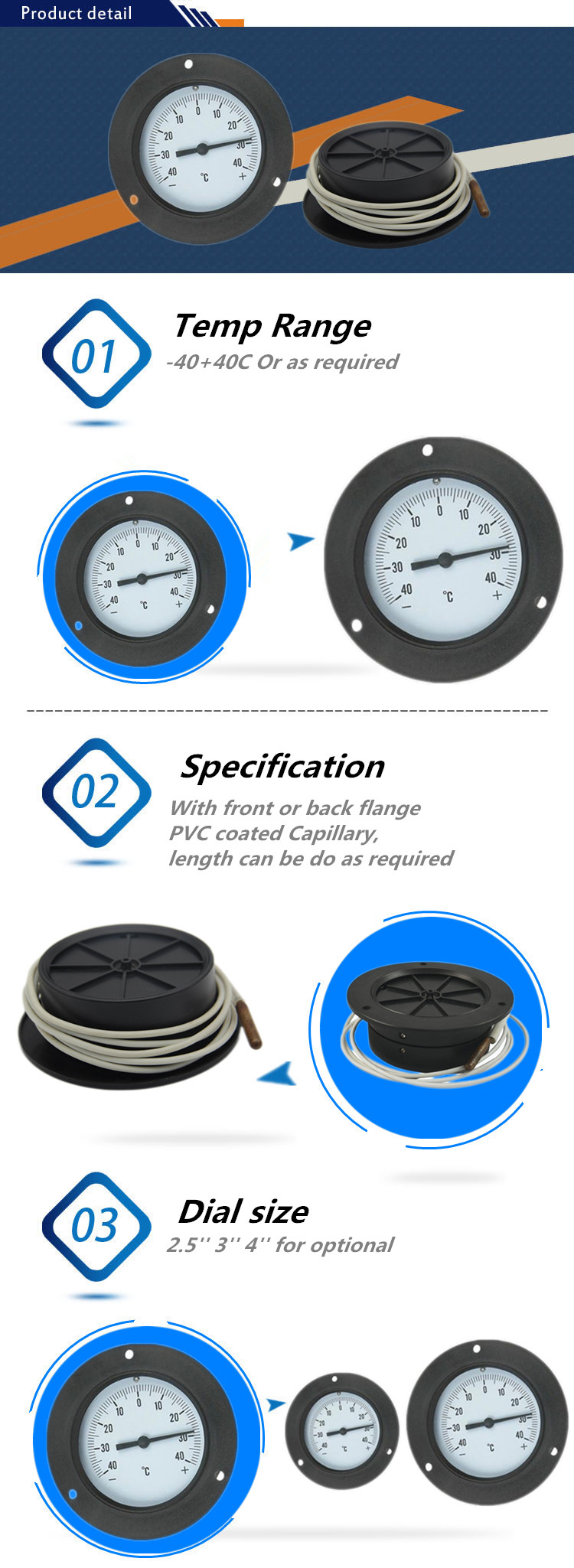 HVAC Boiler Remote Reading Capillary Thermometer Plastic Front Flange ...