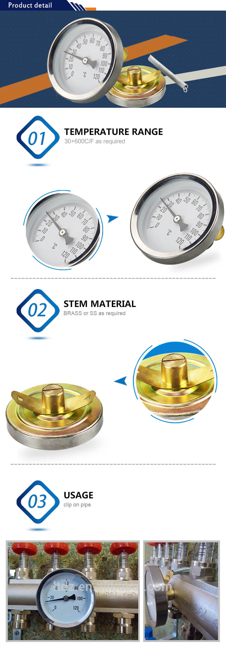 D63mm Waterproof Dustproof IP55 0-120C Bimetal Temperature Spring ...