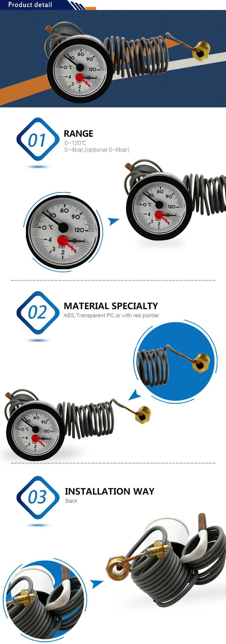 D52mm High Quality Manufacturers Dial Temperature Gauge Functions Capillary Thermomanometer ...