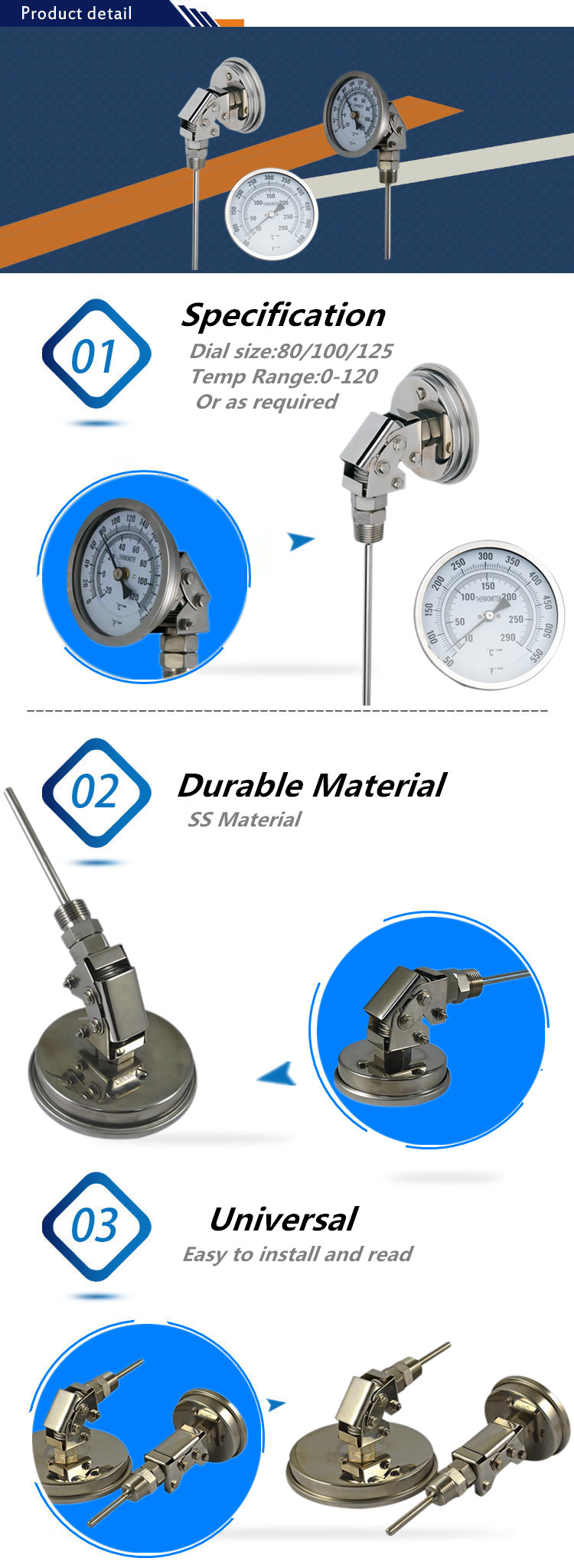 SS Universal Thermometer Industrial Use Thermometer 80mm Stem Length As ...